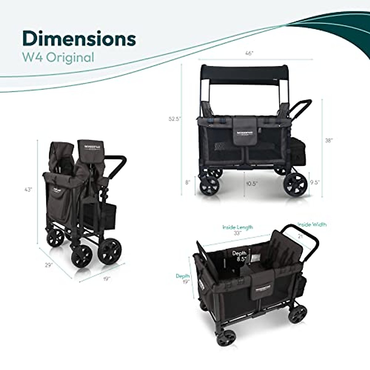 WONDERFOLD W4 Original Quad Stroller Wagon Featuring 4 High Face-to-Face Seats with 5-Point Harnesses, Easy Access Front Zipper Door, and Removable UV-Protection Canopy, Black