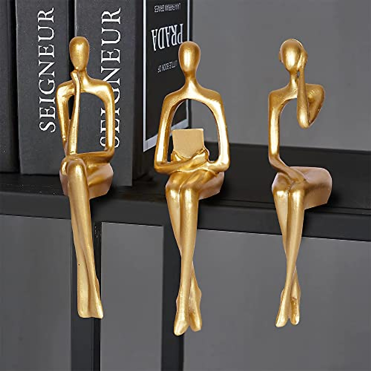 3Pcs Gold Decor Thinker Statue Abstract Art Sculpture Decorations Reading Women Figurine Modern Sitting Shelf Decor for Home Decor Living Room Bookshelf Coffee Table Desktop Office Decoration(Gold)