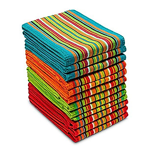 COTTON CRAFT Salsa Stripe Kitchen Towels - 12 Pack 100% Cotton Tea Dish Towels - Absorbent Reusable Low Lint Quick Dry - Multi Purpose Cooking Drying Restaurant Bar Cleaning Cloth Napkin - 16x28 Multi