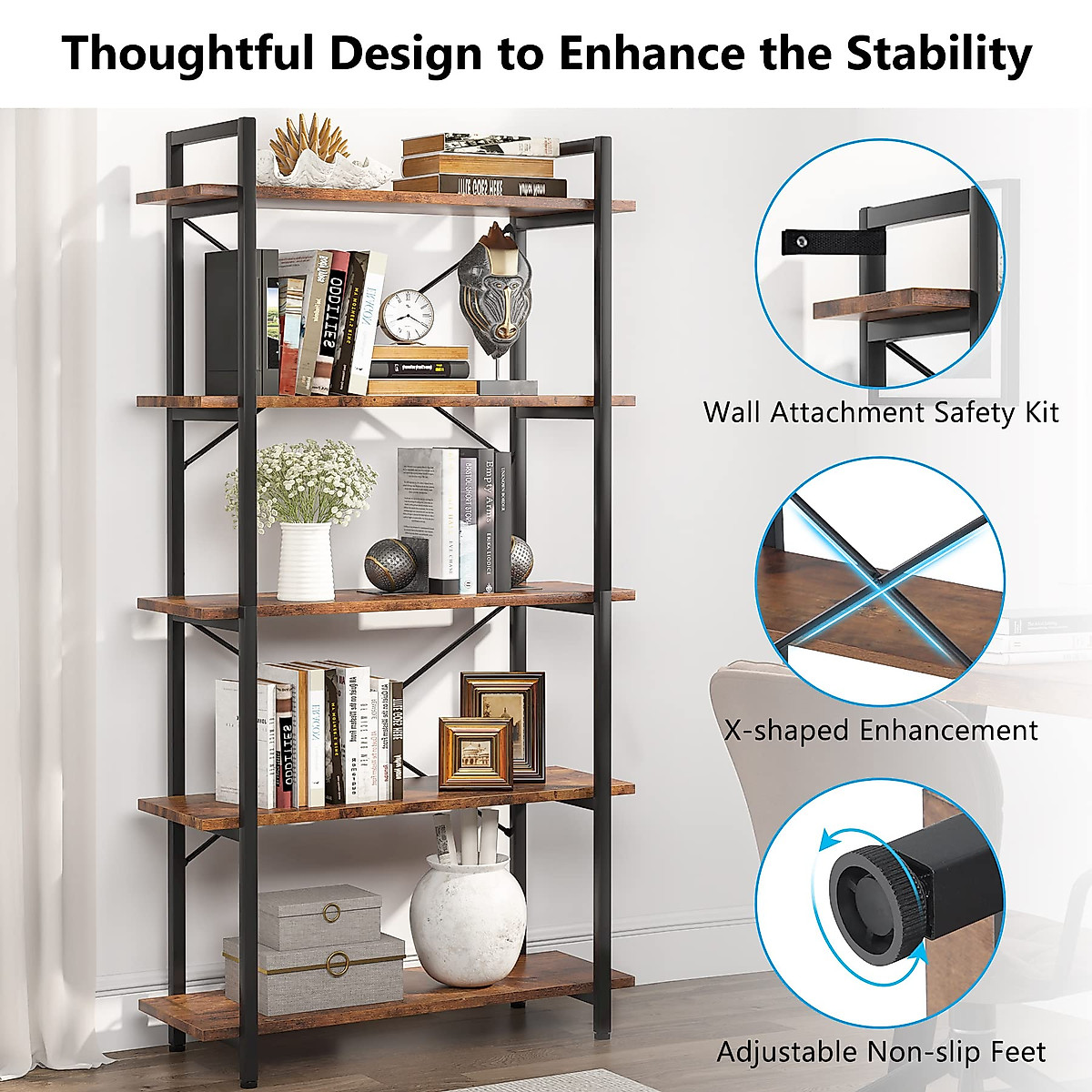 Tribesigns 5 Tier Bookshelf, Industrial Etagere Bookcase with Metal Frame, Rustic Tall Book Shelf Unit for Living Room, Study, Home Office (1, Rustic)