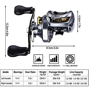 Sougayilang Baitcasting Reel, 17.64 LB Drag Powerful Baitcasters,11+1 Shielded Stainless-Steel Ball Bearings Baitcast Fishing Reels