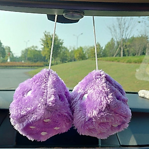 Pair 3” Purple with White Dots Mirror Fuzzy Plush Dice, Purple and White Soft Plush Car Decorative Hanging Ornament.