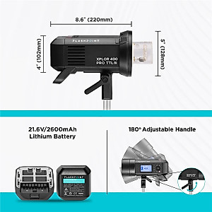 Flashpoint XPLOR 400 PRO TTL Li-ion Battery-Powered HSS Strobe Light with Built-in R2 2.4GHz, Bowens Mount 400w Wireless Monolight with 390 Full-Power Flashes for Outdoor Strobe Light Photography