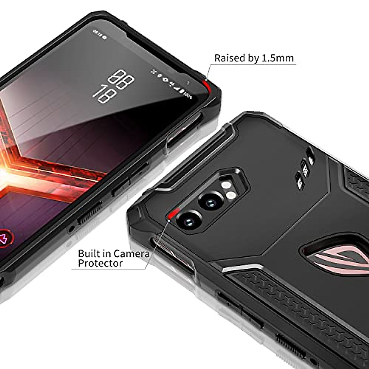 Fanbiya Armor Case for ASUS ROG Phone 2 Cover - TPU Case with Built in Camera Protector, Kickstand and Dust Cover for Charging Port and Cooler Port (Black)