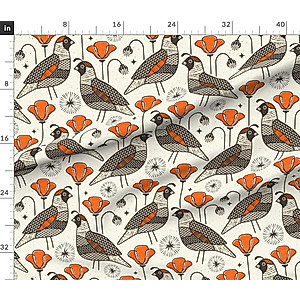 Spoonflower Fabric - Mid Century Quail Mod Floral Poppies Scandi Retro Neutral Bird Orange Printed on Petal Signature Cotton Fabric Fat Quarter - Sewing Quilting Apparel Crafts Decor