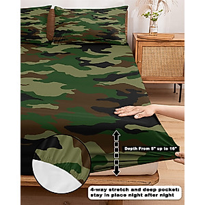 Military Camouflage Forest Camo Fitted Sheet Set for King Size Bed 3 Pieces Bedding Sheets-Deep Pocket Bedsheet Fits Mattress Upto 16",2 Pillow Cases Bedroom Decor American Army