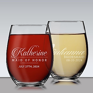 Monogrammed Stemless Wine Glass - Personalized Engraved Bridesmaid Maid of Honor Wedding Party Gift
