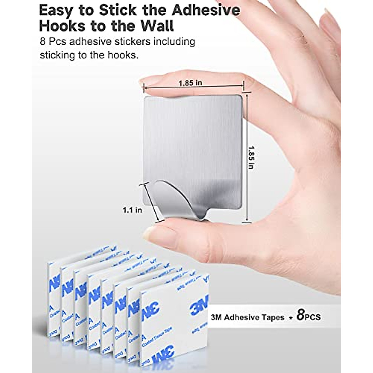 YOGEERNIC 8 PCS Adhesive Towel Hooks, No Drilling Wall Mount Hooks, Heavy Duty Stainless Steel Hooks for Bathroom Bedroom Kitchen Hotel(Silvery)