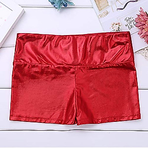 ACSUSS Kids Girls Shiny Metallic High Waist Shorts Gymnastics Ballet Dance Yoga Sports Shorts Hot Pants Dancewear Red 10