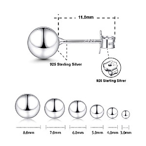 18K White Gold Plated Sterling Silver Ball Stud Earrings 3mm-8mm Options, Simple Polished Ball Studs Hypoallergenic Jewelry (3mm)