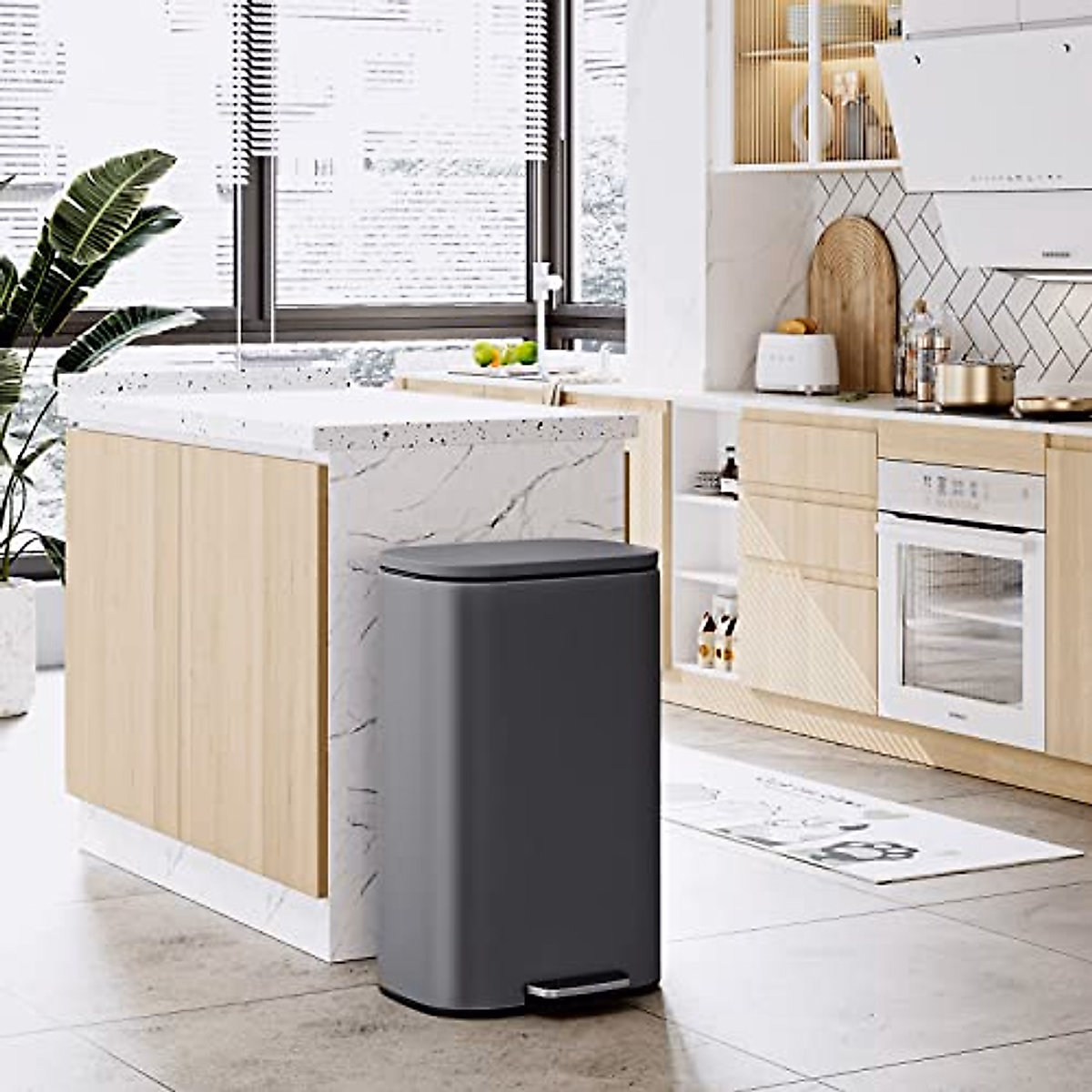 FINETONES Trash Can, Stainless Steel Garbage Can with Silent Lid, Durable Pedal & Inner Bucket, Pedal Garbage Bin for Kitchen Inside Outside (50L, Dark Gray)