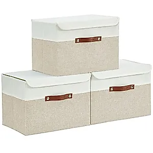 DECOMOMO Foldable Storage Bin with Lids [3-Pack] Collapsible Sturdy Cationic Fabric Storage Basket Box Container W/Handles for Organizing Shelf Nursery Linen (Beige and White, 15 x 11 x 11” – 3 Pack)