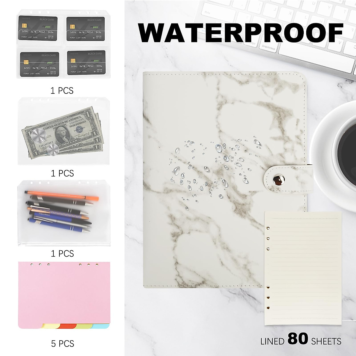 Colorlife A5 PU Leather Binder 6-Ring Notebook Binder with Refill Paper and Magnetic Buckle for 6 Hole A5 Filler Paper-Marbling White