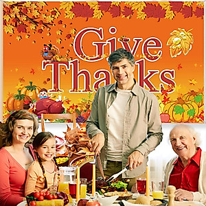 GIVE Thanks Extra Large Fabric Sign Poster Banner Backdrop for Thanksgiving Day Party Decorations with Pattern Pumpkin Maple Leaf Turkey Corn Fruit Welcome Autumn Hang Outdoor Indoor 43.3"x70.8"