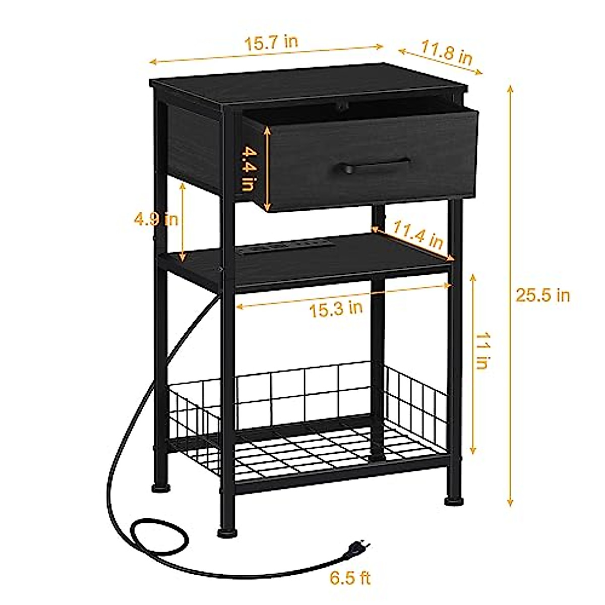 Black Night Stand with Charging Station, Small Bedside Tables with Storage Shelf for Small Spaces, Industrial End Table with Fabric Drawer for Living Room, Bedroom, Office