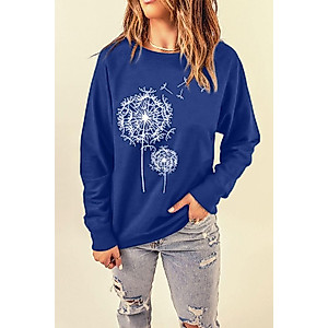 BANGELY Womens Dandelion Sweatshirt Casual Crewneck Loose Pullover Tops Long Sleeve Graphic Tee Shirt Blue