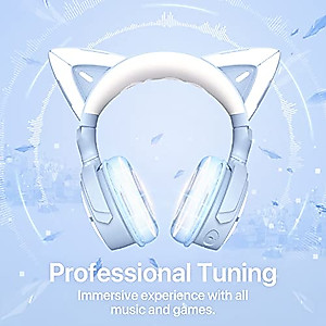 YOWU RGB Cat Ear Headphone 4, Upgraded Wireless & Wired Gaming Headset with Attachable HD Microphone -Active Noise Reduction, Dual-Channel Stereo & Customizable Lighting and Effect via APP (Blue)