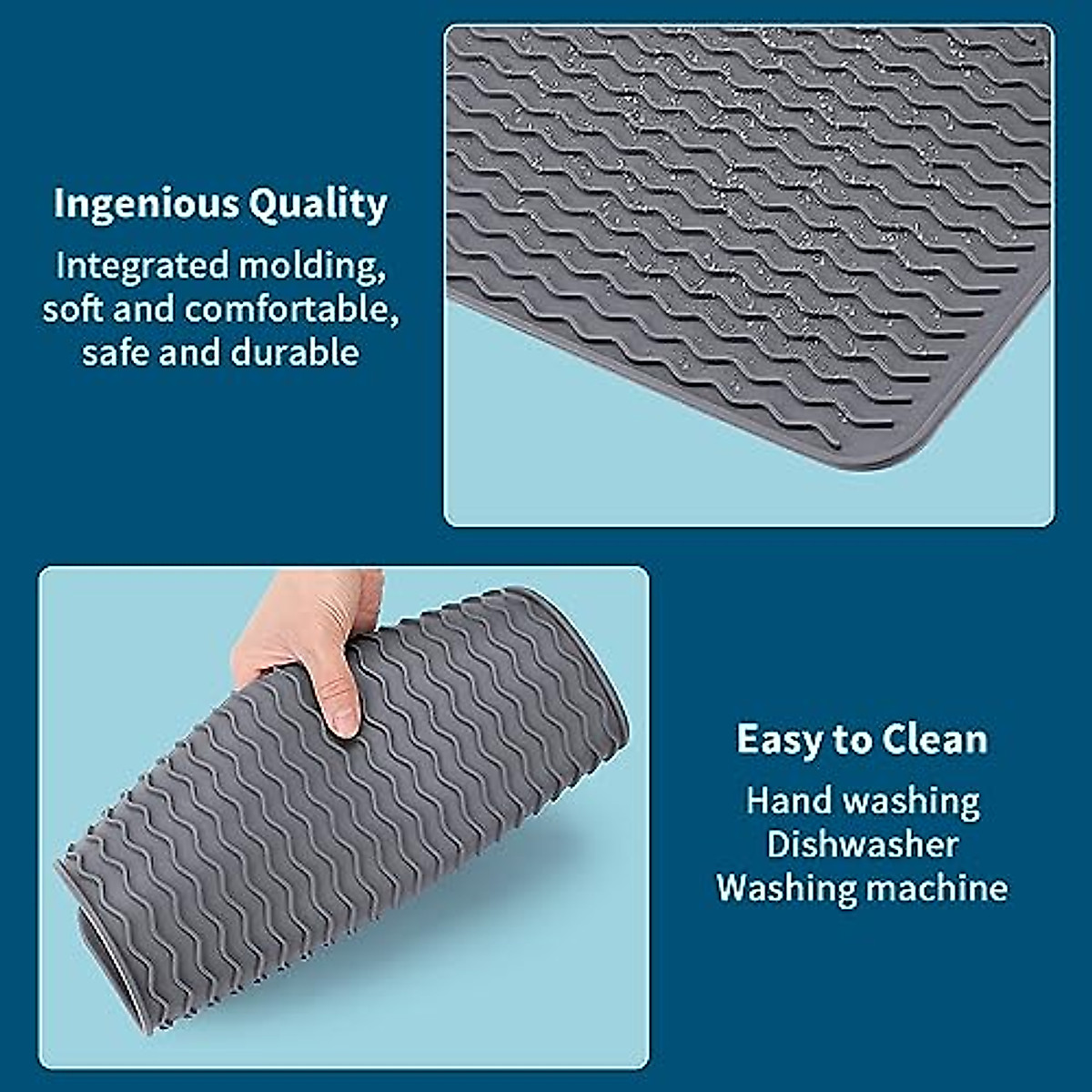 Hescred Silicone Dish Drying Mat, Compact & Portable, Eco-friendly, Easy Clean, Heat-resistant, Reusable Silicone Dish Drying Mat for Kitchen Counter, Dish Washer Safe, Small (12" x 10") Grey