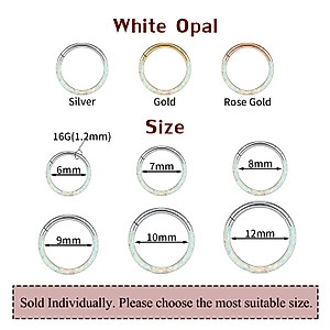PEAKLINK Septum Jewelry 16G White Opal Septum Rings Daith Earring 316L Conch Piercing Jewelry 16G Nose Hoop Ring Septum Clicker Silver Rook Helix Tragus Cartilage Lobe Earring 8mm