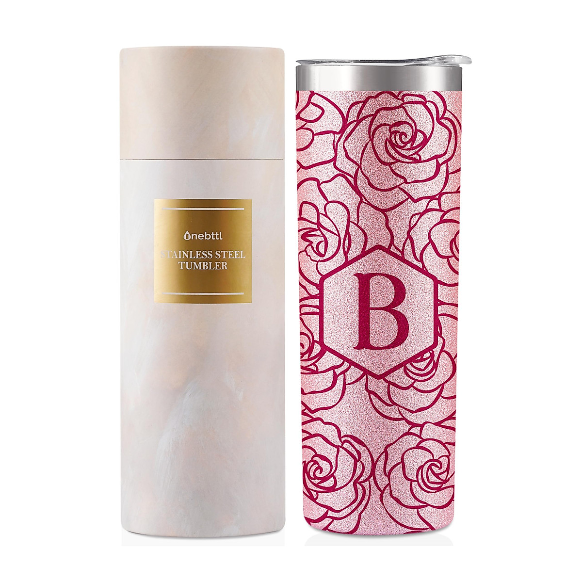 Onebttl Monogrammed Gifts for Women, Personalized Travel Mugs, Unique Coffee Tumbler with Initials for Her on Birthdays Christmas, Rose Gold, B