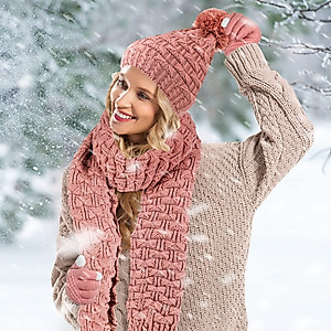 JenPen Winter Hats Scarf Gloves Set for Women Including Ear Covers Cold Weather Glove Scarves Hats Knit Beanie Scarf Glove (Pink)