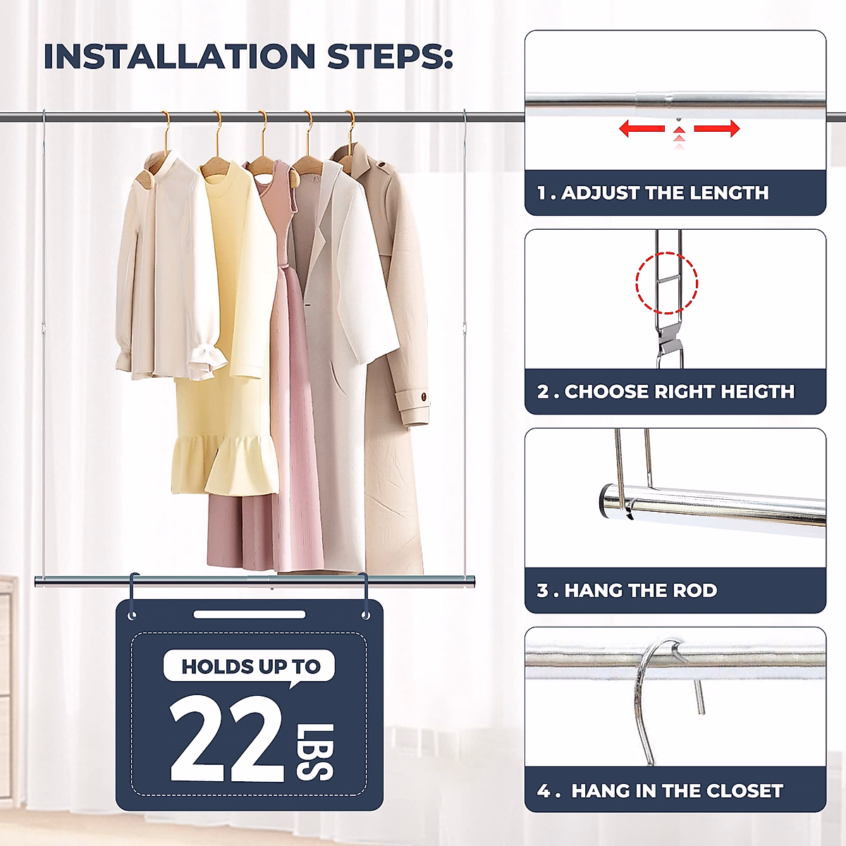 STO STO 1 Pack Closet Hanging Rod, Length and Height Adjustable Closet Rod, Space-saving Closet Extender Hanging Bar for Hanging Clothes, Chrome