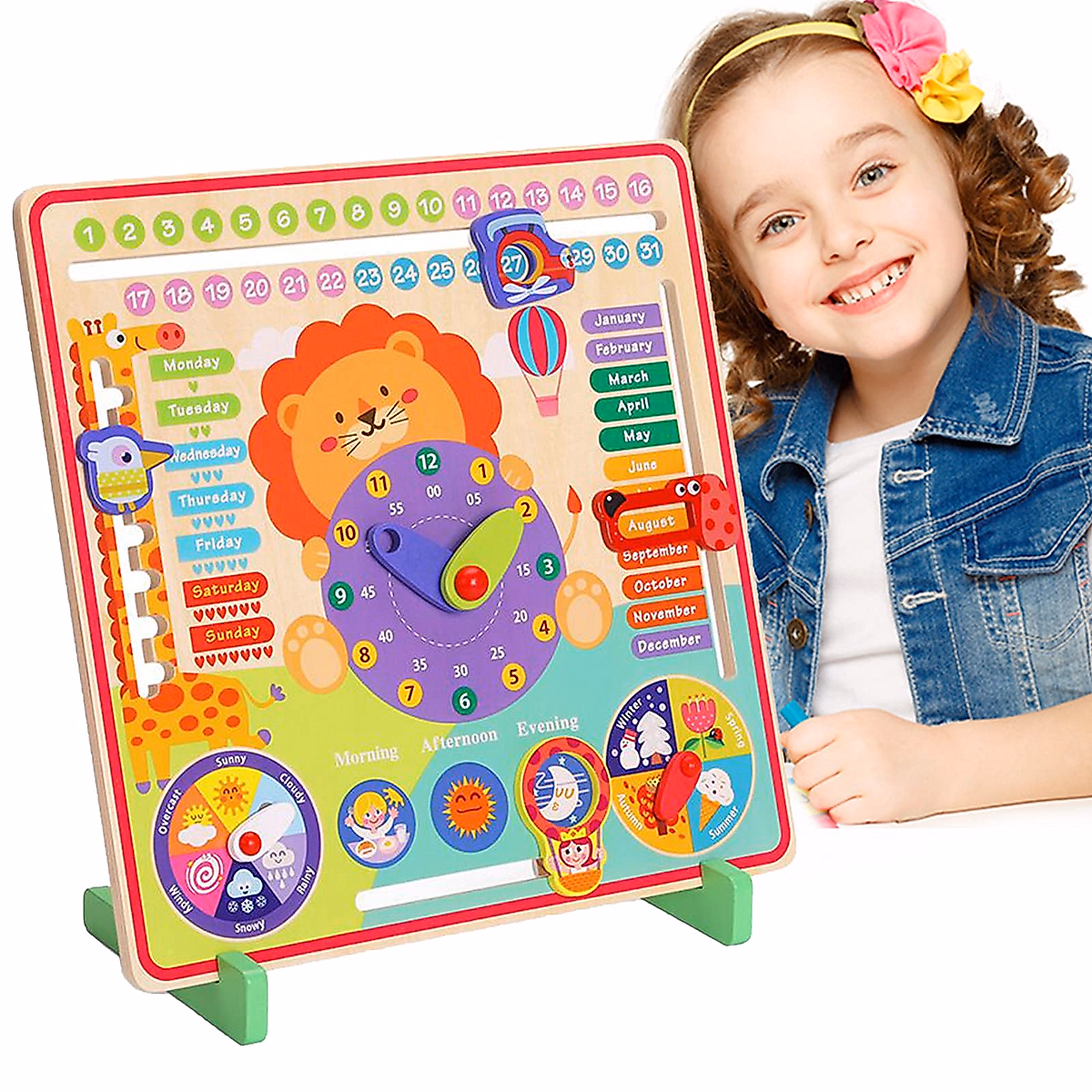 Wooden Montessori Toddler Learning Clock, Telling Time Teaching Clock & Time Calendar Cognitive Board, Preschool Learning Educational Toys for 3+ Years Old Boys and Girls