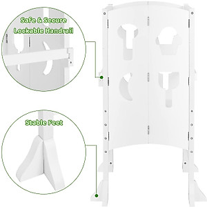 Kitchen Step Stool for Kids, Toddler Wooden Standing Tower, Folding Child Step Stool, Safety Cooking Standing Stool for Children with Lockable Handrail, White