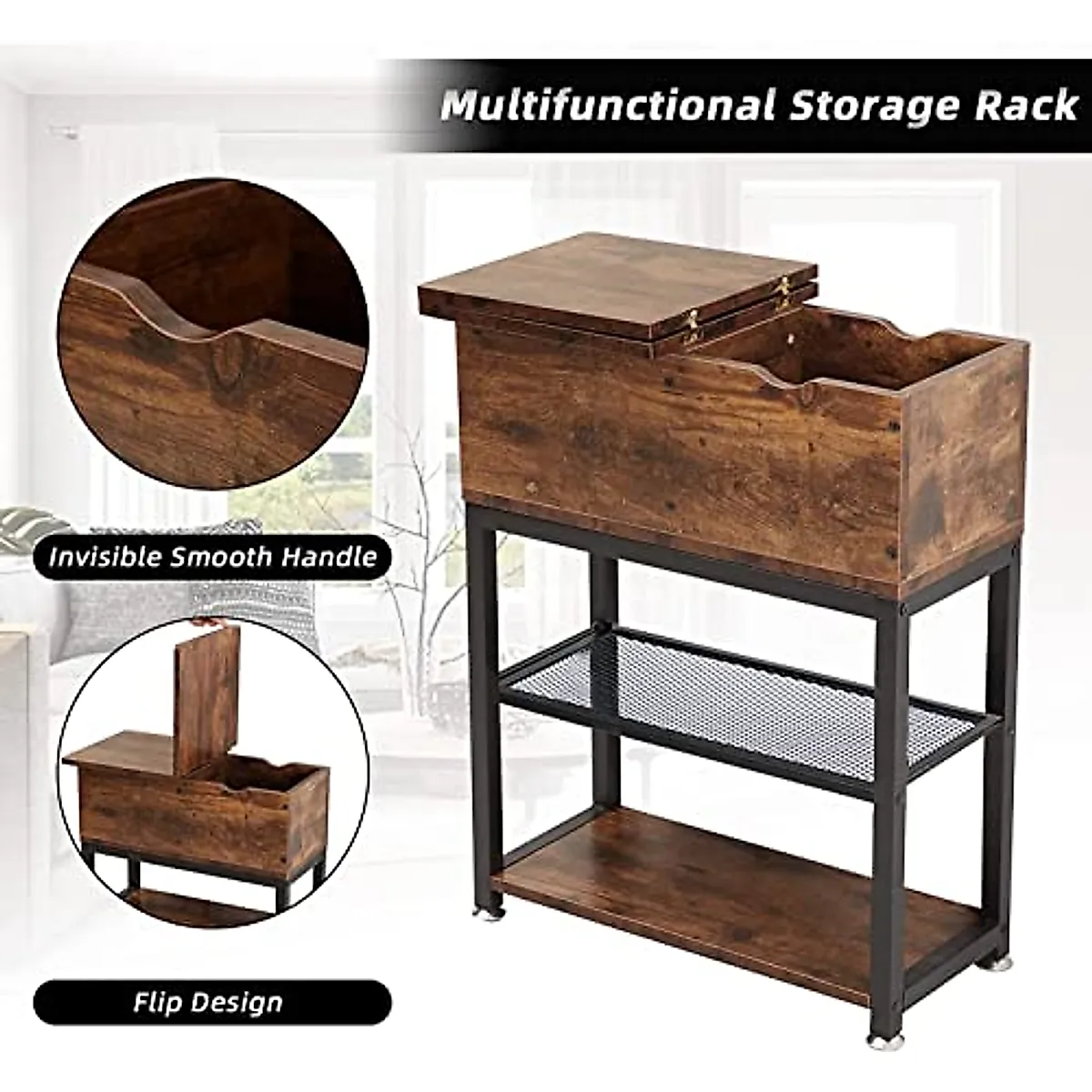 Side Table Living Room with Side Opening and Flip Top, 12" D x 24" W x 28" H, Narrow End Table Rustic End Tables with USB Ports and Outlets, Narrow Side Table(2 Pack)