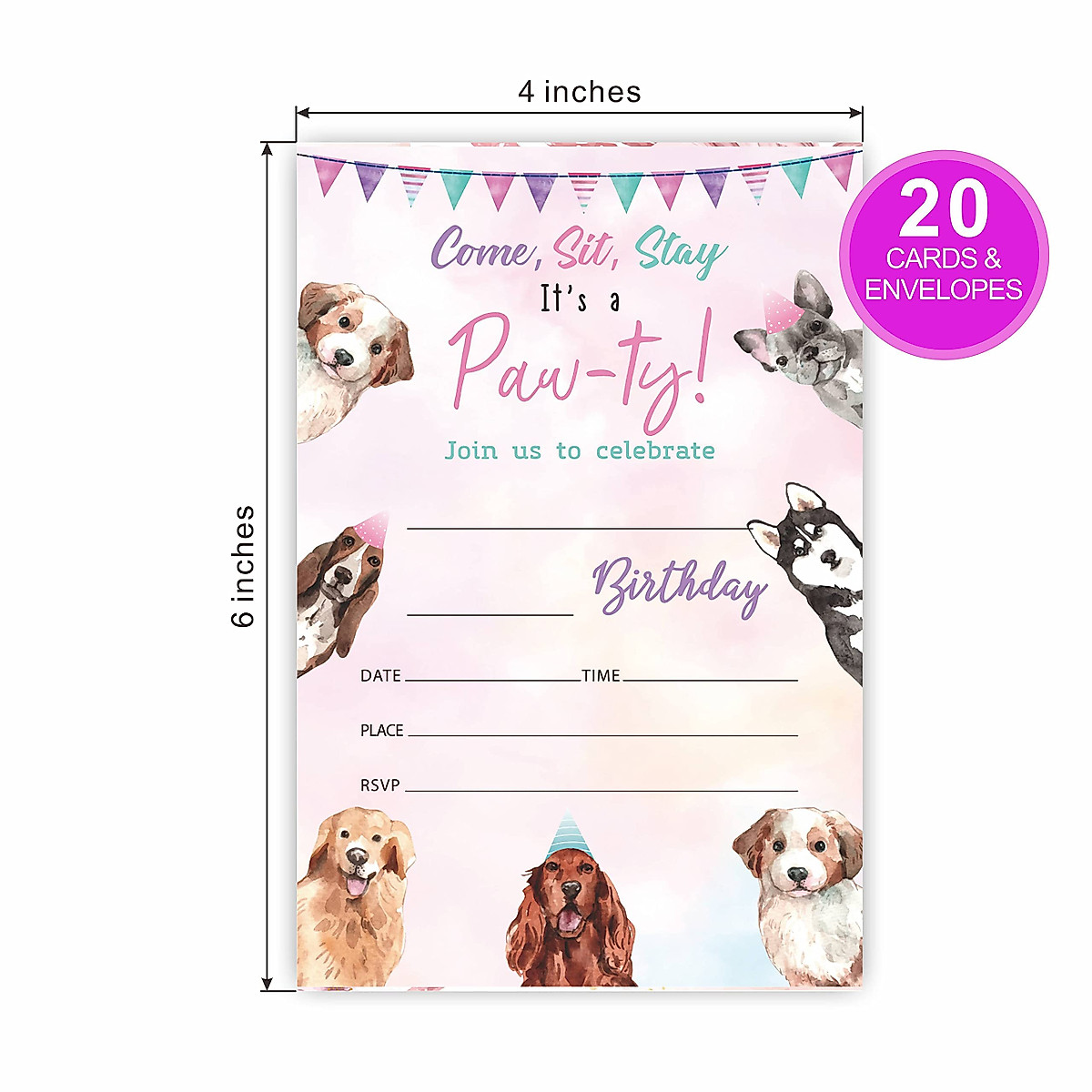 DYIRBIIY Puppy Birthday Invitations, Let's Pawty Birthday Party Invites Decorations, Dog Birthday Party and Events Supplies, 20 Fill-in Invites Cards with Matching Envelopes（YQK-049）