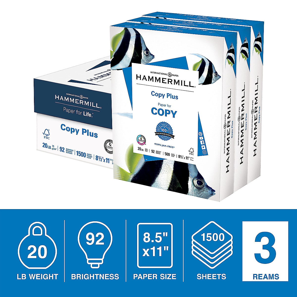 Hammermill 3-Ream Pack Copy Plus Multipurpose Fax Laser Inkjet Printer Paper, 8 1/2" x 11" Letter Size, 92 Bright White, 20 lb. Acid Free, ColorLok, 99.99% Jam Free