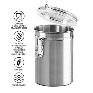 OGGI Stainless Steel Kitchen Canister 47oz - Airtight Clamp Lid, Clear See-Thru Top - Ideal for Kitchen Storage, Food Storage, Pantry Storage. Large Size 5" x 6"