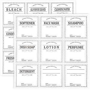 108 Pieces Waterproof Laundry Bottle Labels White Removable 18 Kinds Hand Dish Soap Lotion Conditioner Dispenser Cleaning Stickers for Farmhouse Bathroom Kitchen (3 x 3 Inches)