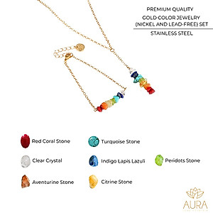 AURA 7 Chakra Bracelet and 7 Chakra Necklace Set - Adjustable Crystals and Healing Stones Bracelets and Necklaces - Natural Spiritual Jewelry for Women, Yoga Meditation Beads, Balancing Energy, Gifts