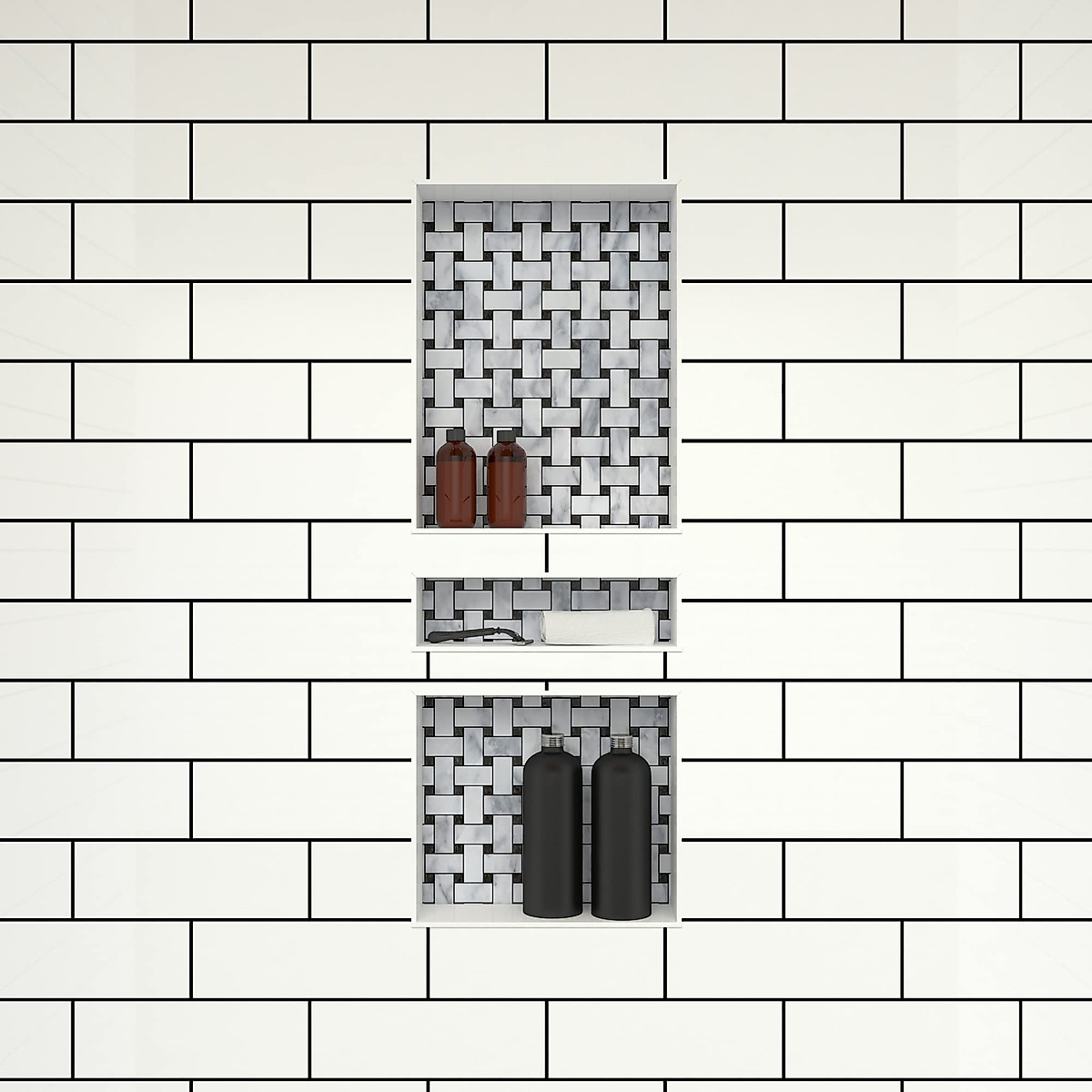 Redi Niche Triple Niche Recessed Shower Shelf- Black, Three Inner Shelves, 16-Inch Width x 40-Inch Height x 4-Inch Depth