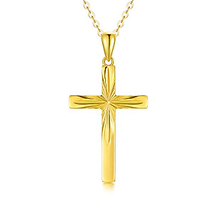 14K Solid Gold Cross Necklace for Women, Delicate Gold Italian Diamond-cut Cross Pendant Necklace Religious Jewelry for Girl, Wife, Mom, 16"-18"
