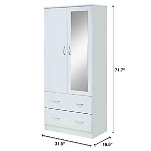 Hodedah Two Door Wardrobe with Two Drawers and Hanging Rod plus Mirror, White