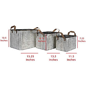 Foreside Home & Garden Rustic Set of 3 Whitewashed Pattern Galvanized Metal Decorative Storage Bins with Faux Leather Handles