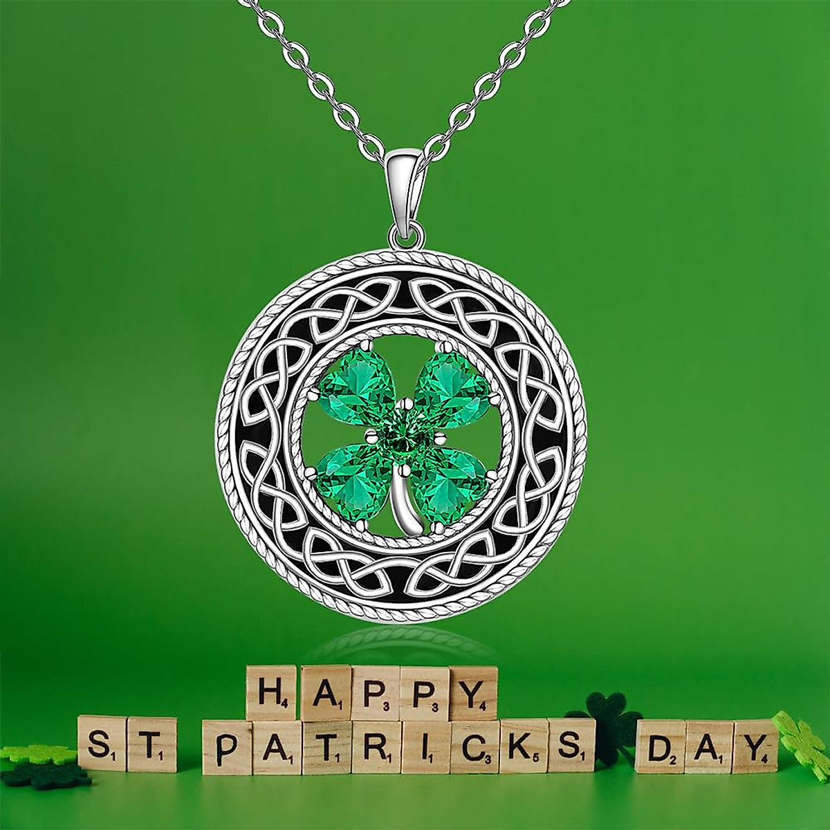 Celtic Knot Shamrock Necklace for Women Sterling Silver St Patricks Day Four Leaf Clover Necklace Good Luck Pendant CZ Jewelry Infinity Valentines Day Necklaces for Her Gifts