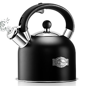 Tea Kettle - SUSTEAS 3.17QT Whistling Kettle with Ergonomic Handle - Premium Stainless Steel Tea Pots for Stove Top, Chic Vintage Teapot with Composite Base, Work for All Stovetops (Black)