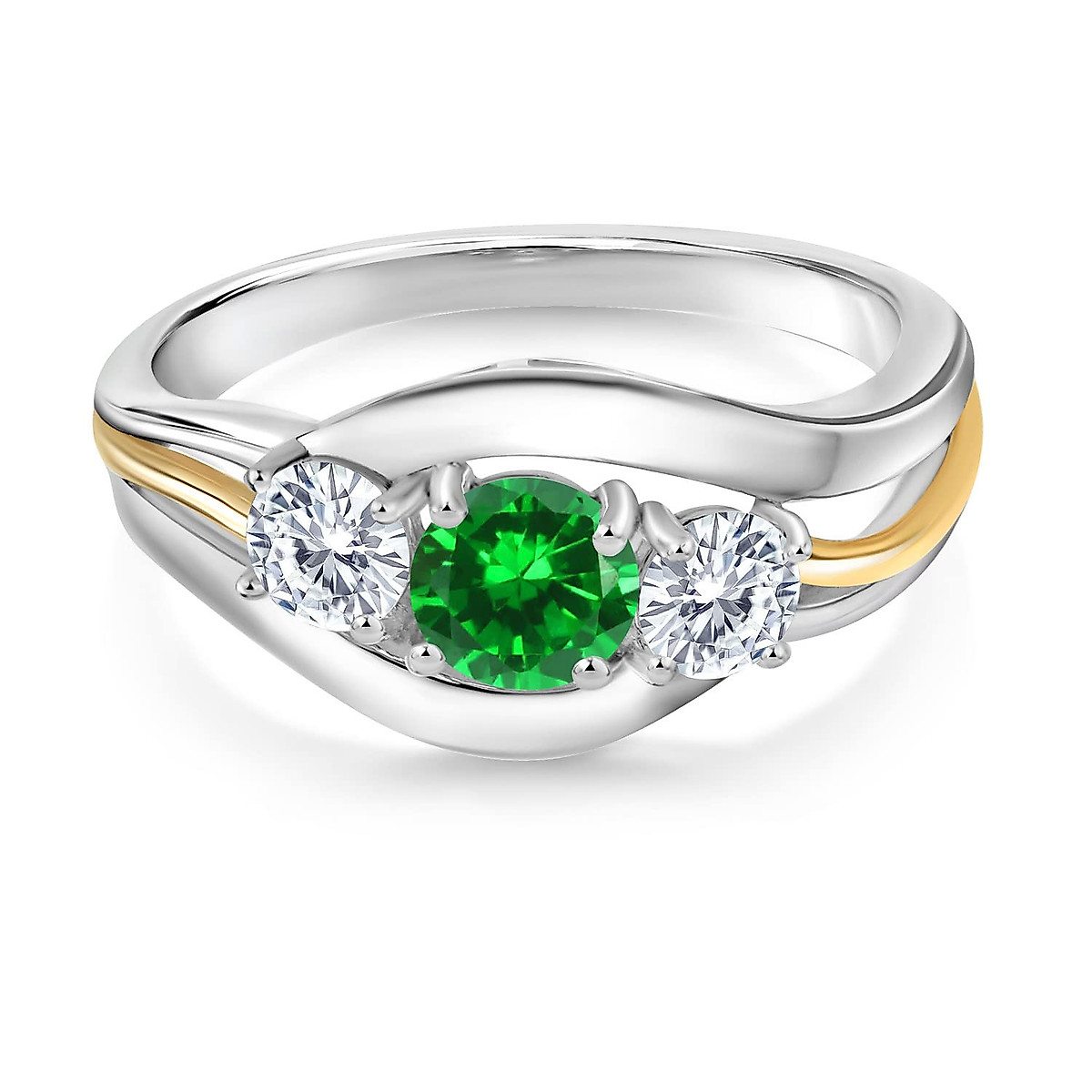 925 Sterling Silver and 10K Yellow Gold Round Green Created Emerald and White Moissanite from Charles & Colvard 3 Stone Ring For Women (1.30 Cttw, Available In Size 5, 6, 7, 8, 9)