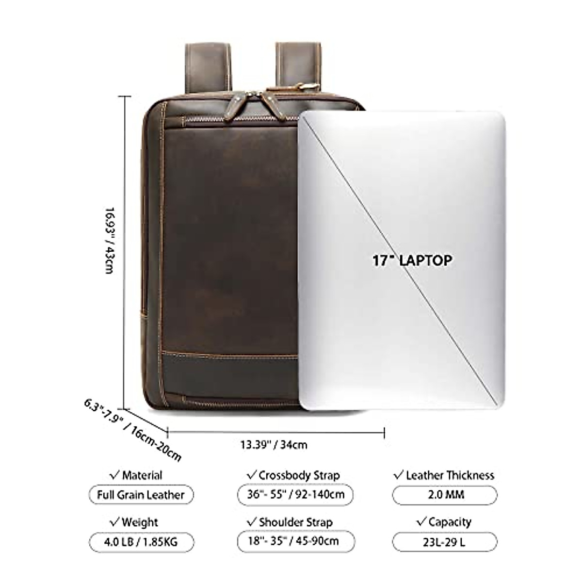 Taertii 2 in 1 Vintage Expandable Leather Backpack For Men, Large Shoulder Crossbody Briefcase Work Travel Hiking Rucksack fits 16" Laptop