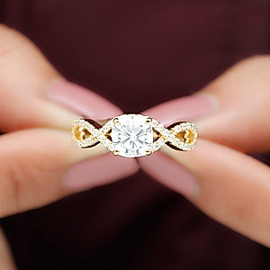 Rosec Jewels 3 CT Certified Moissanite Crossover Infinity Engagement Ring in Gold (7 MM Cushion, D Color VS1 Clarity), 14K Yellow Gold, Size:US 8.00