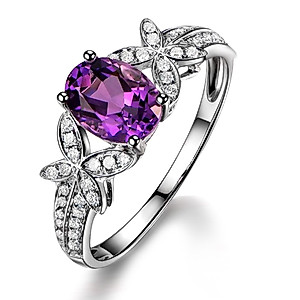 Unique Fashion 1.5ct Brazilian Amethyst Gemstone Real Diamond 14K White Gold Engagement Wedding Promise Ring for Women