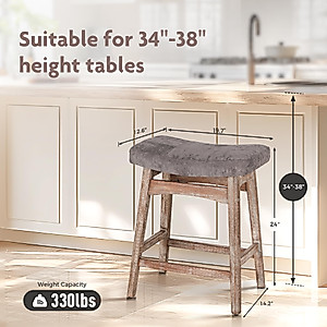 ALPHA HOME Bar Stools Set of 2, Solid Wood Saddle Kitchen Stools with Grey Linen Fabric Cushion Counter Height Barstools, 24 Inch, Grey, 2PCS