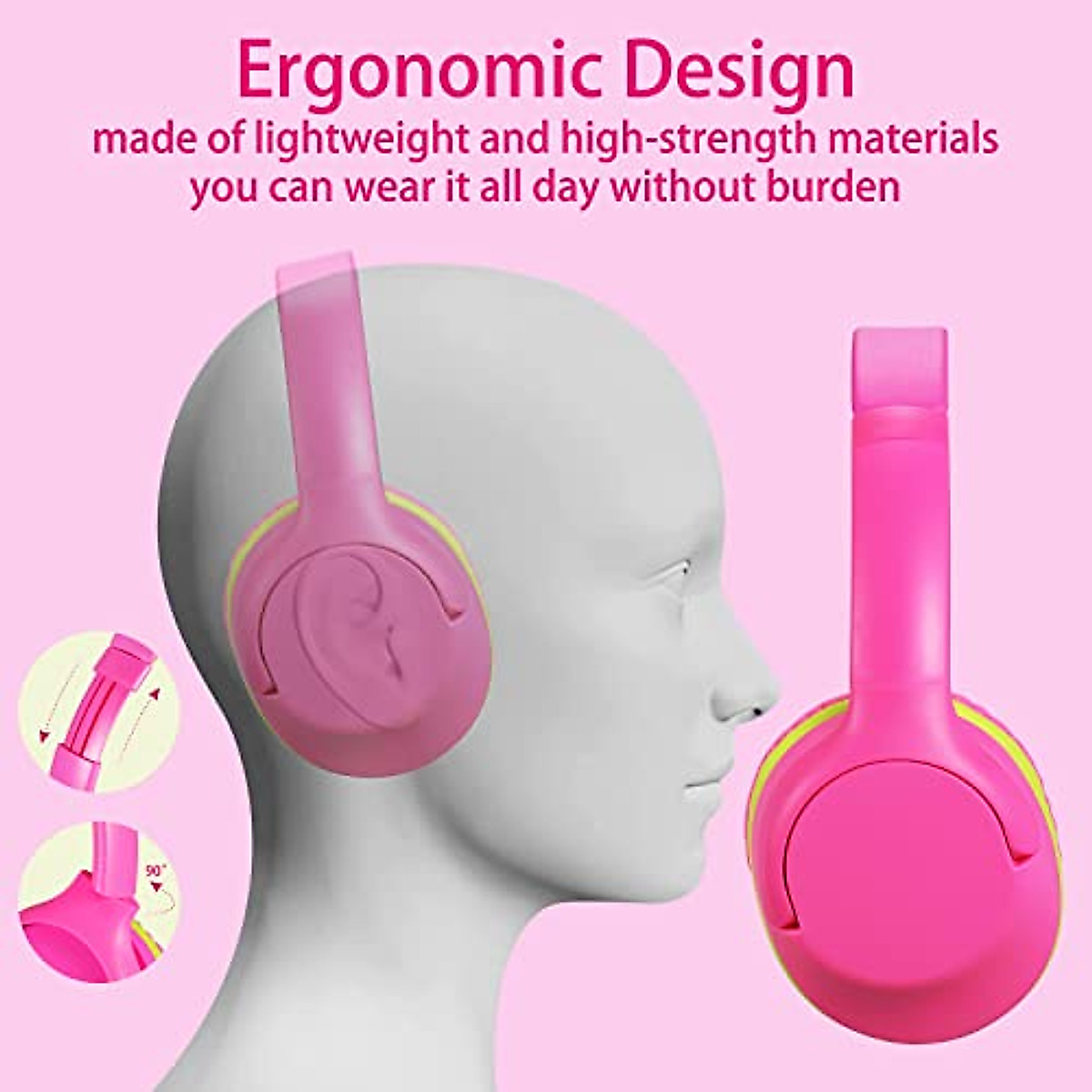POWMEE Kids Headphones Over-Ear Headphones for Kids/Teens/School with 94dB Volume Limited Adjustable Stereo 3.5MM Jack Wire Cord for Fire Tablets/Travel/PC/Phones(Rose Red)