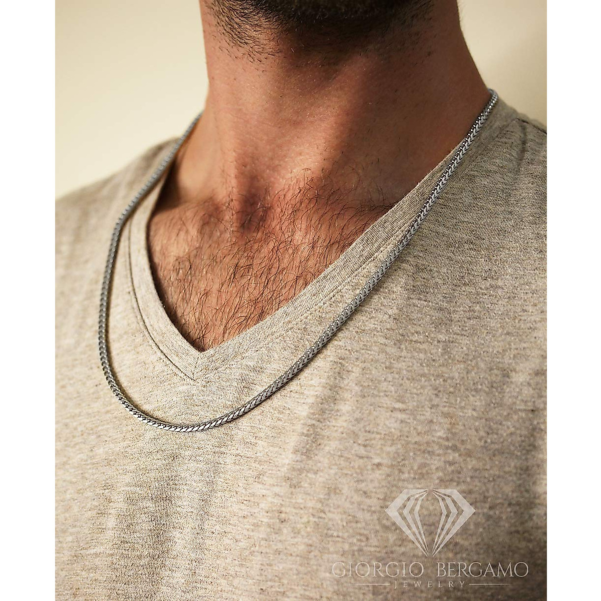 Giorgio Bergamo 925 Italian Sterling Silver 2.5mm Solid Franco Chain, Rhodium Plated Square Box Link Necklace, (20)