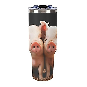 LLUTSNTH 40 Oz Vacuum Tumbler with Violet Handle Leakproof Insulated Tumbler Cute Pigs Stainless Steel Travel Mug with Lid And Straw Coffee Cup Cute Water Bottles Cup Holder Friendly