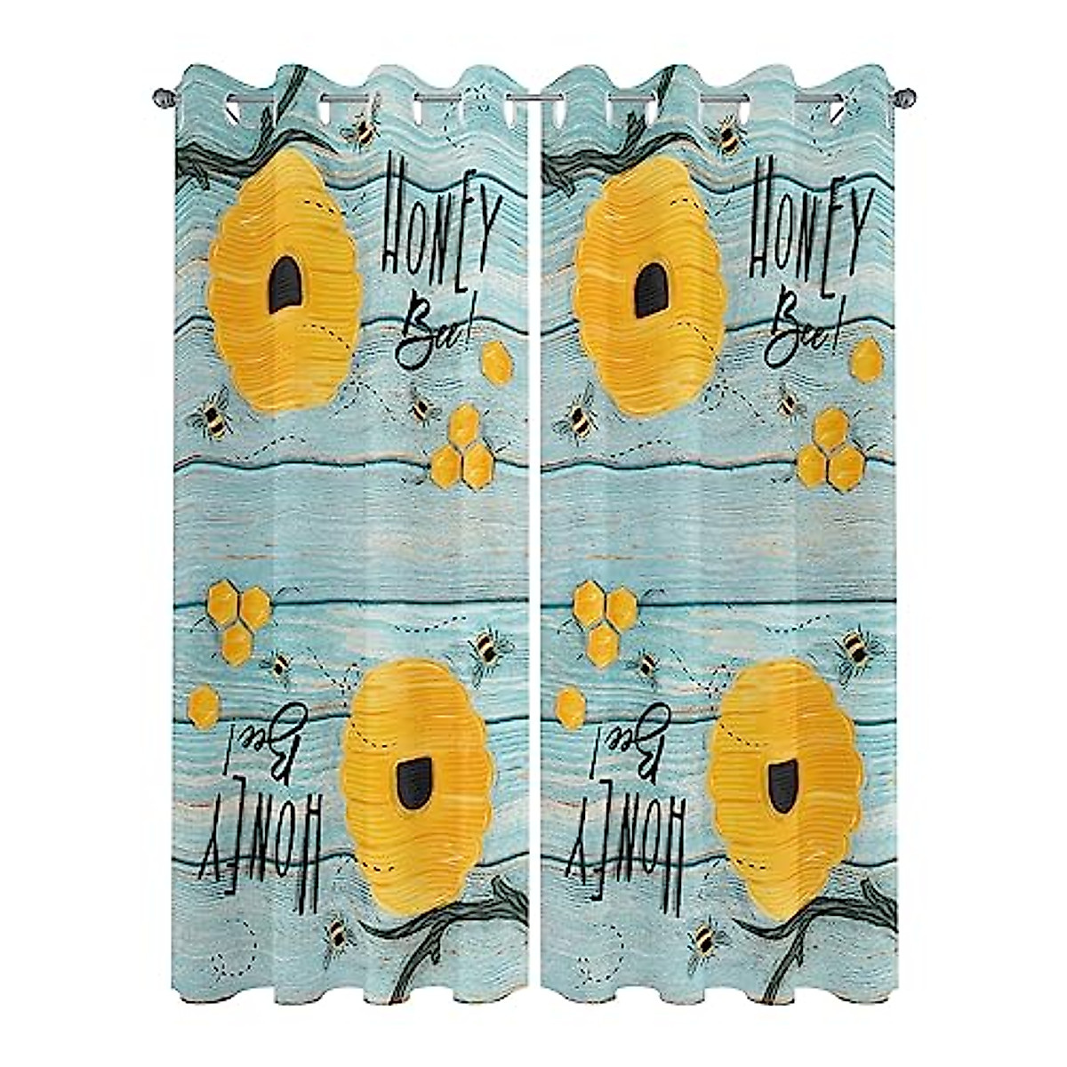 Outdoor Curtains for Patio 2 Panels Set Honey Bee Beehive Under Branch Blue Wooden Plank Waterproof Privacy Outside Curtain Sun Blocking Grommet Drapes for Porch Gazebo Pergolas Balcony 52x108 Inch
