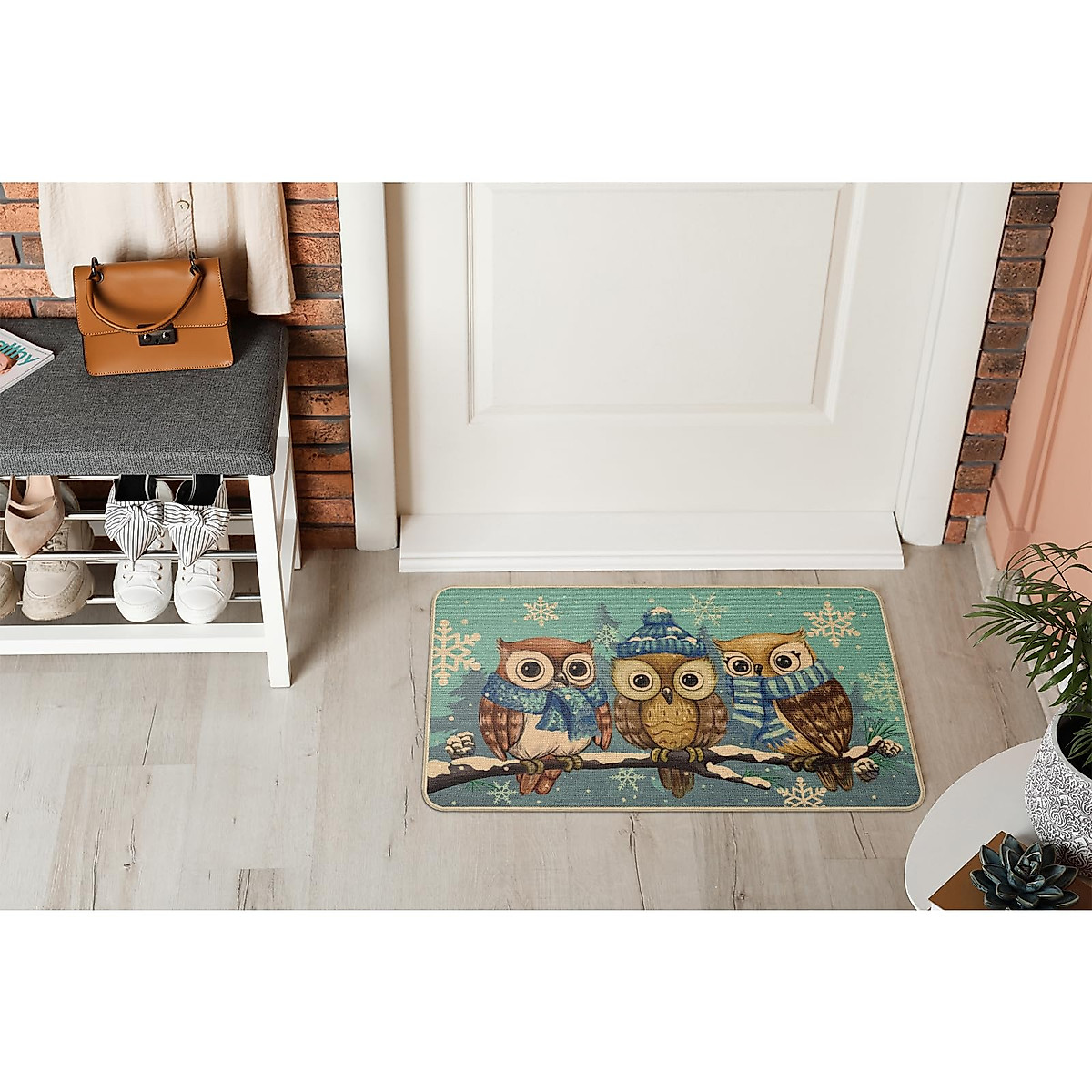 Winter Door Mat, Non Slip Owl Welcome Entrance Mats Christmas Winter Snowflake Home Decor 29 x 17 Inch Rubber Kitchen Doormat for Xmas Holiday Entryway Front Porch Farmhouse Decoration